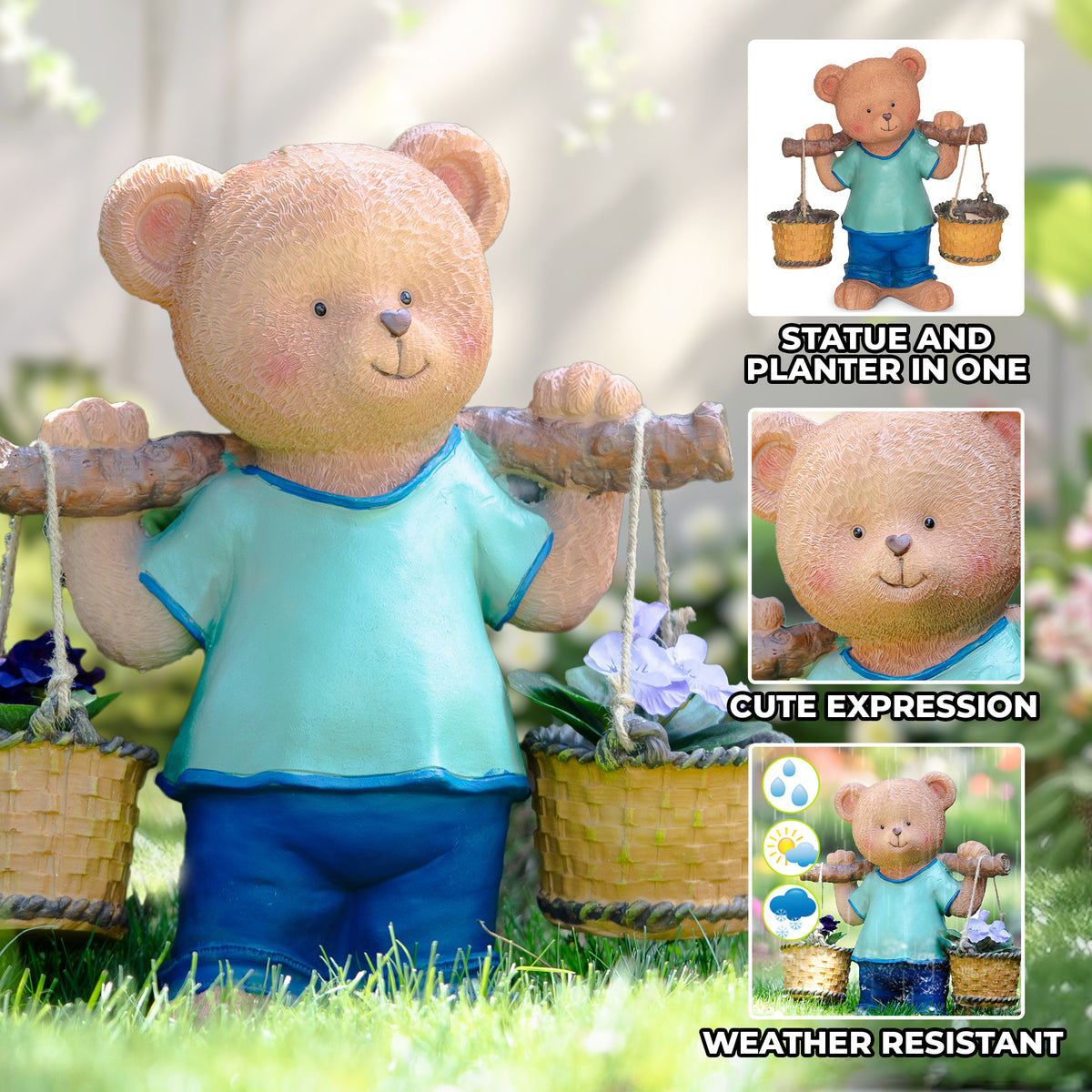 Brown Resin Cute Bear Statue With 2 Hanging Baskets, Perfect For ...
